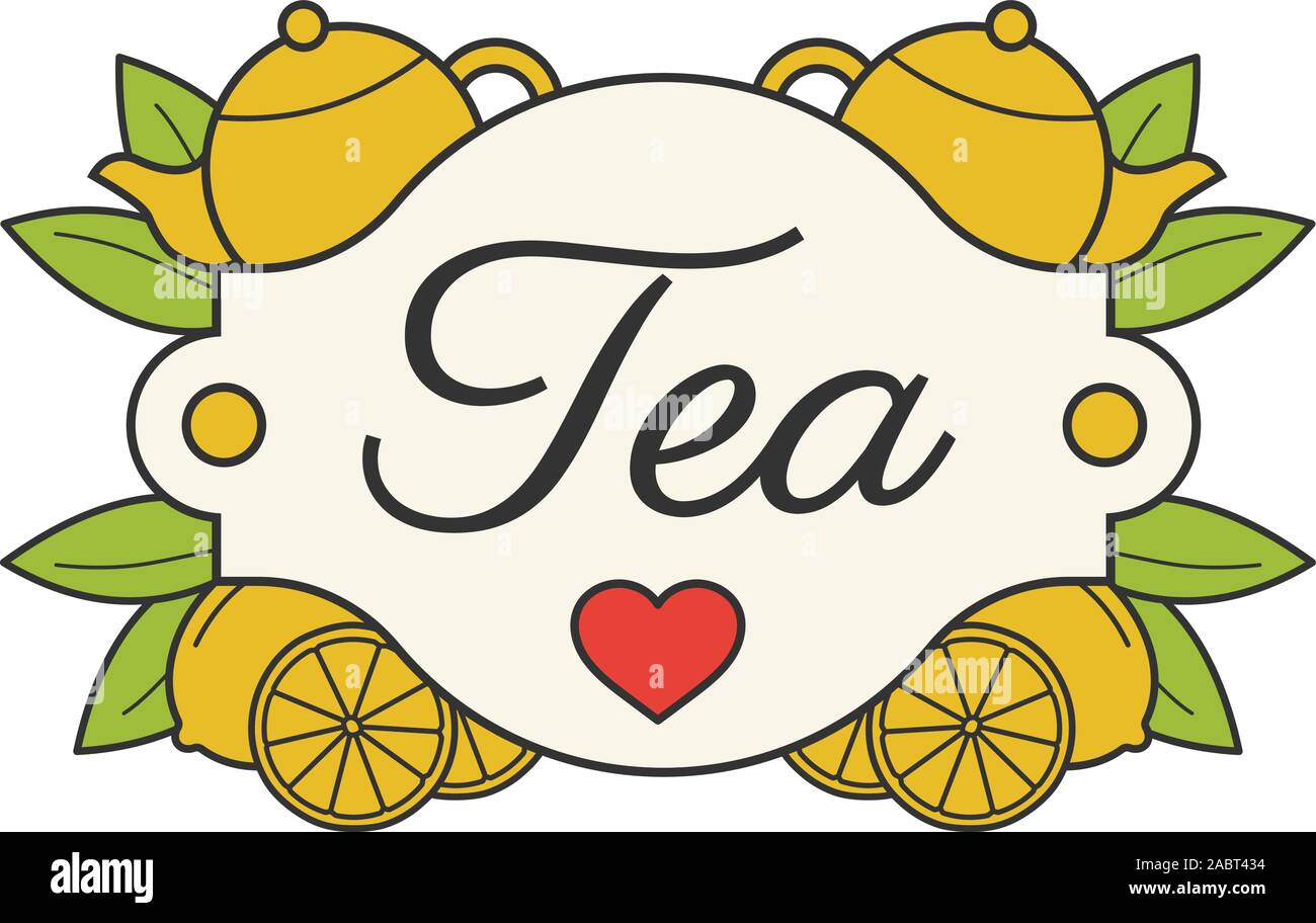 Tea label. Easy to edit. Yellow teapots, sliced lemons, heart symbol ...