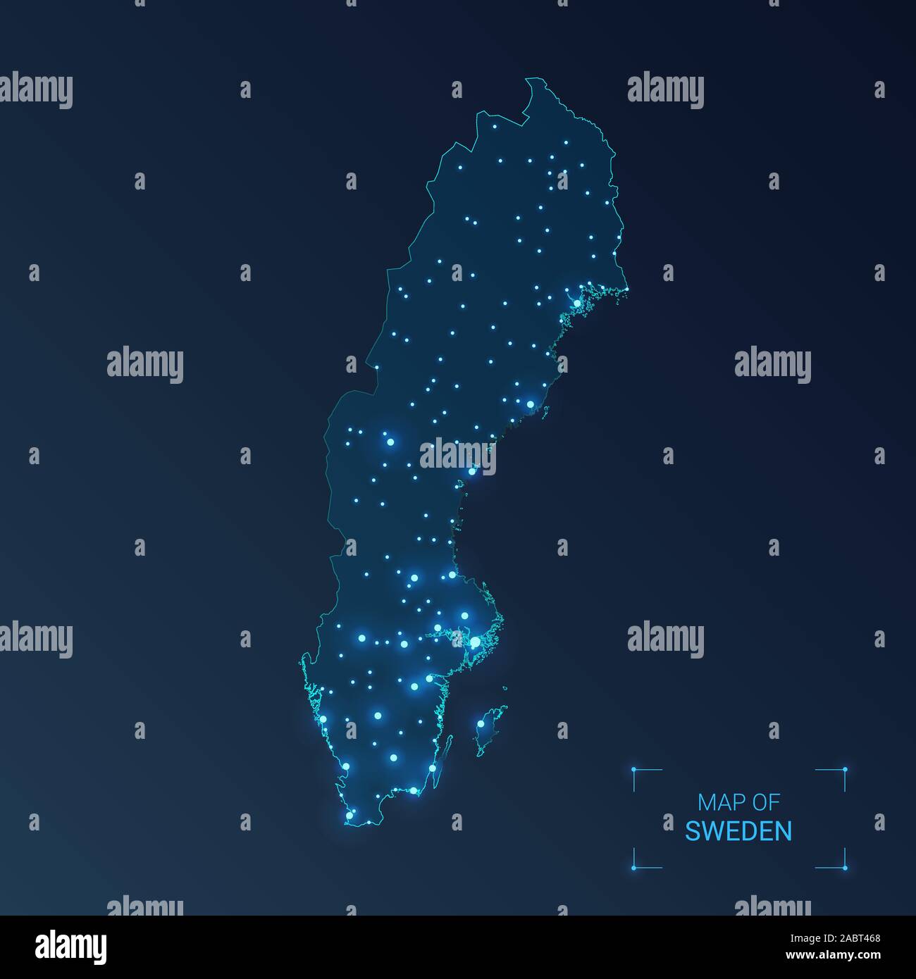 Sweden map with cities. Luminous dots - neon lights on dark background ...