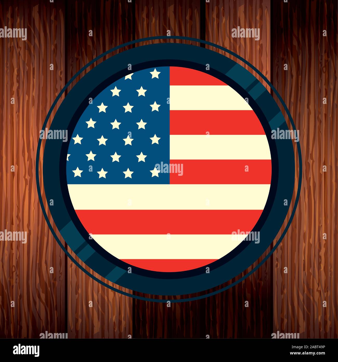 united states flag in frame circular with wooden background Stock ...