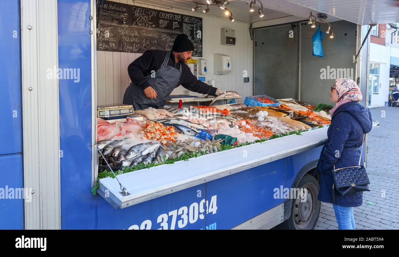 Fishmonger's van stall with a display of fresh fish in Staines-Upon ...