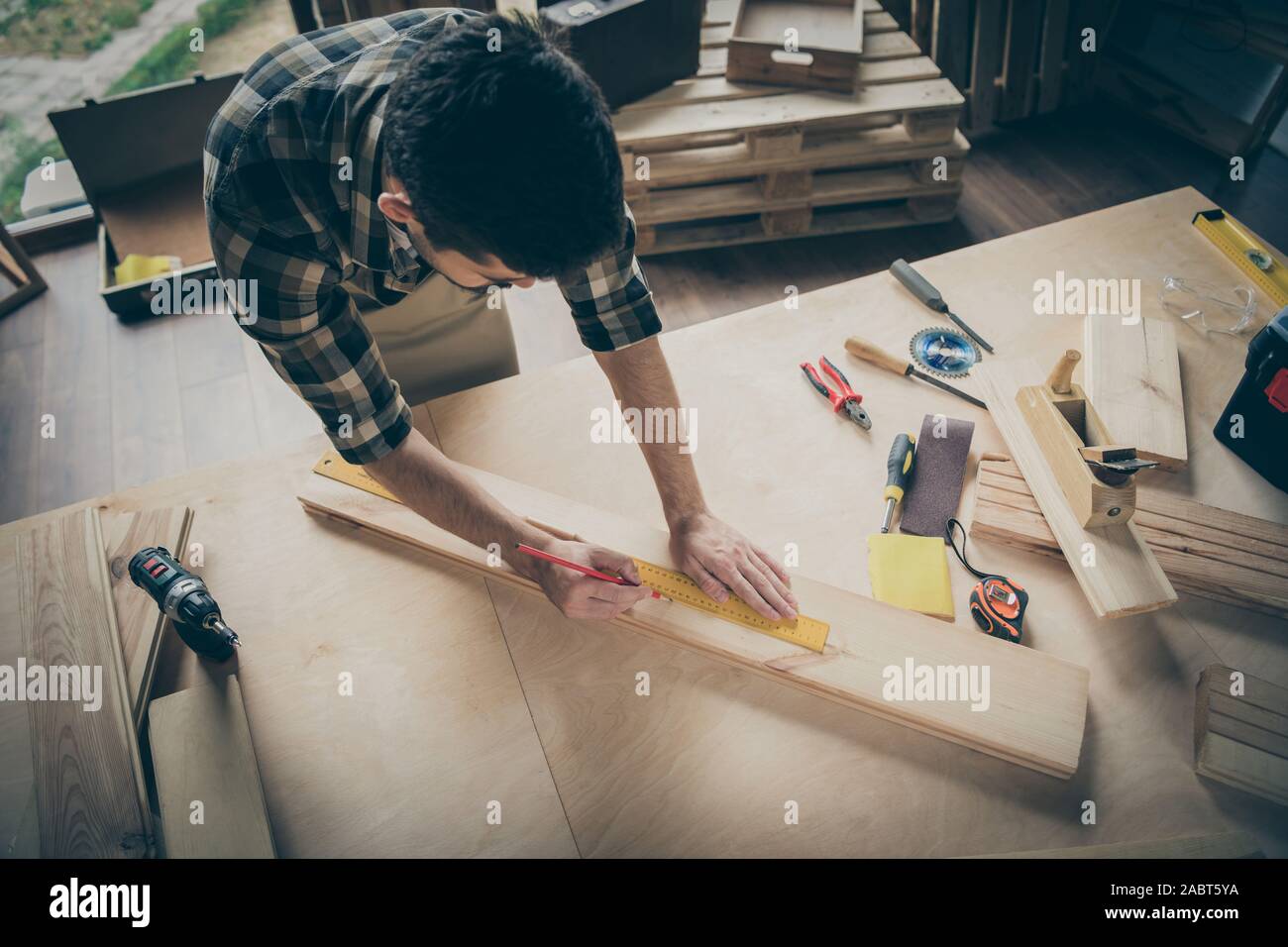Above high angle view portrait of his he nice attractive focused ...