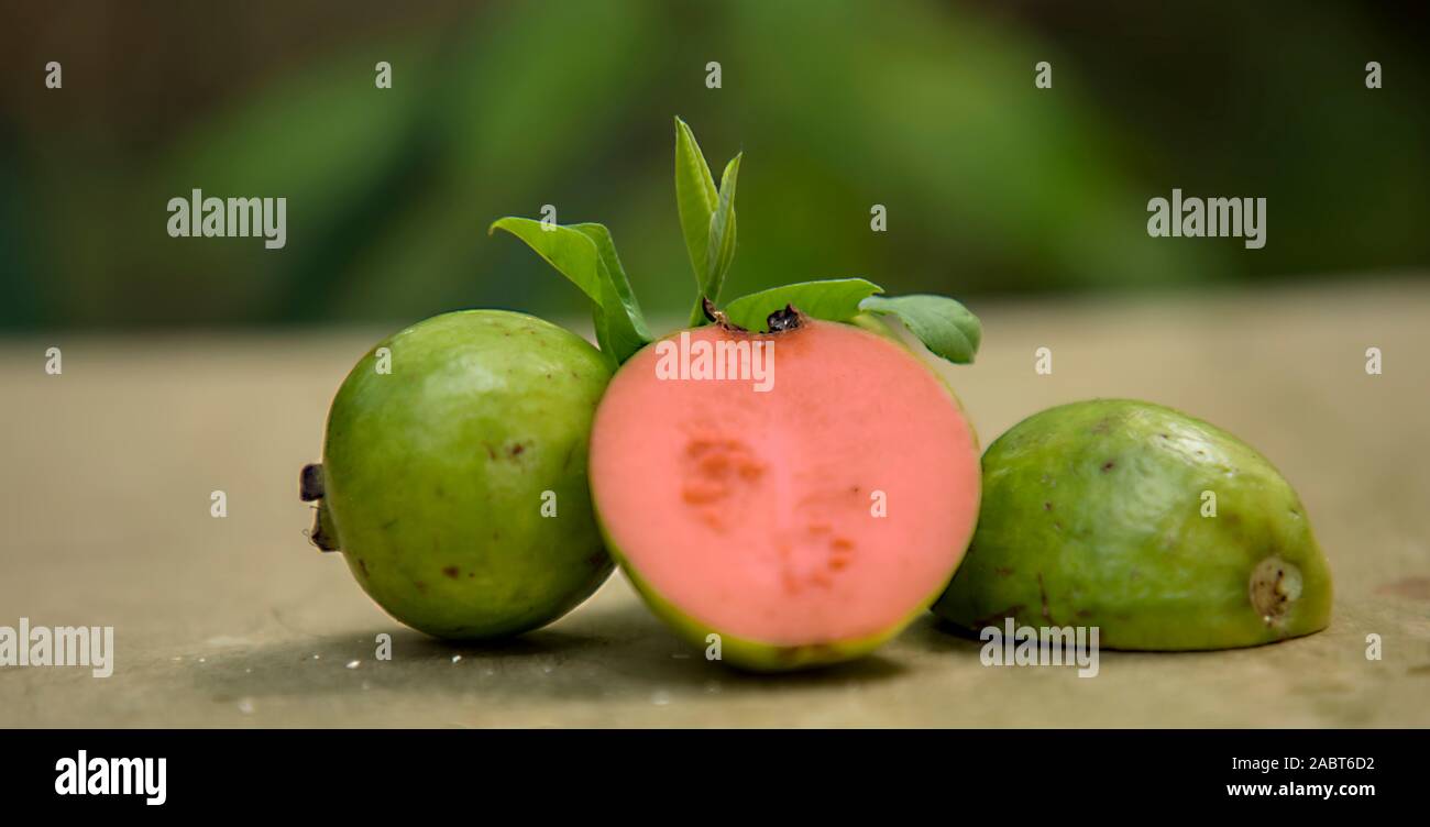 Red Guava fruit with leaves isolated on nature background Stock Photo ...