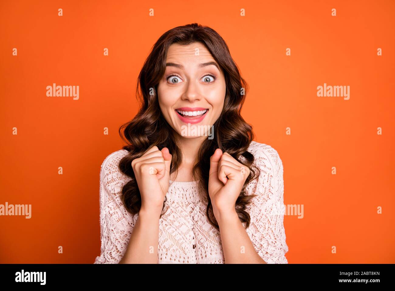 Close up photo of excited girl look good see dream surprise scream ...