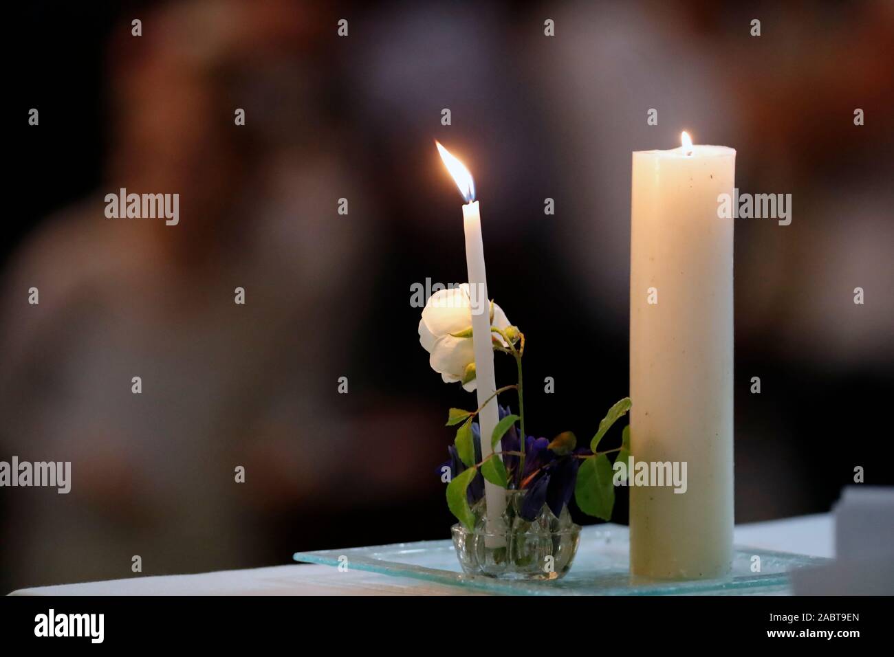Catholic mass. Altar with 2 candles. Passy. France Stock Photo - Alamy