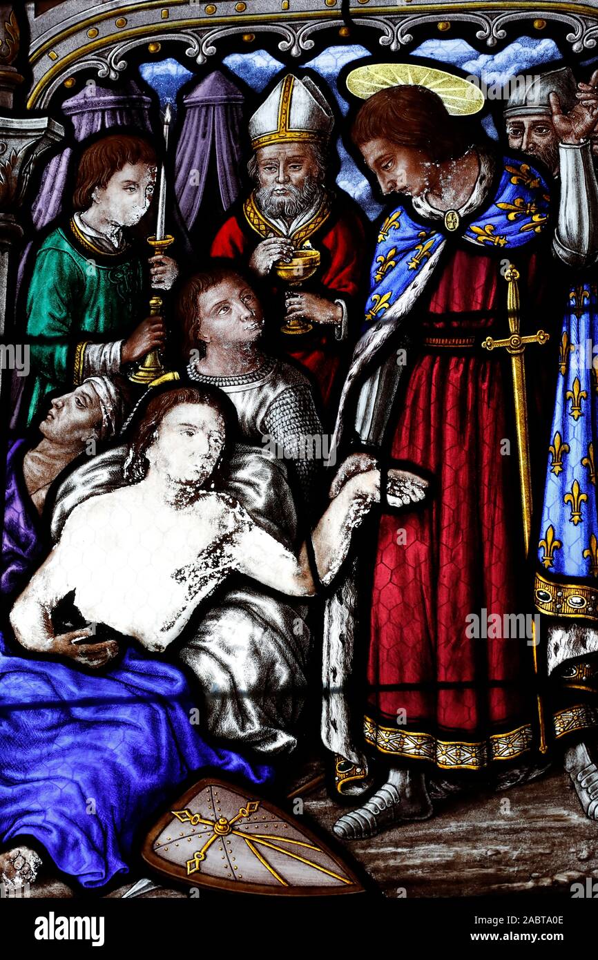 St Peter church. Louis IX king of France. Stained glass window. Dreux ...