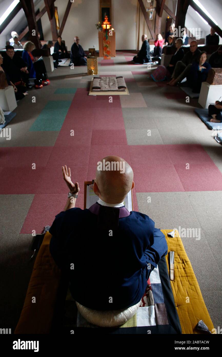 Zen sesshin (retreat) in Tamie, France. Master giving a kusen (teaching ...