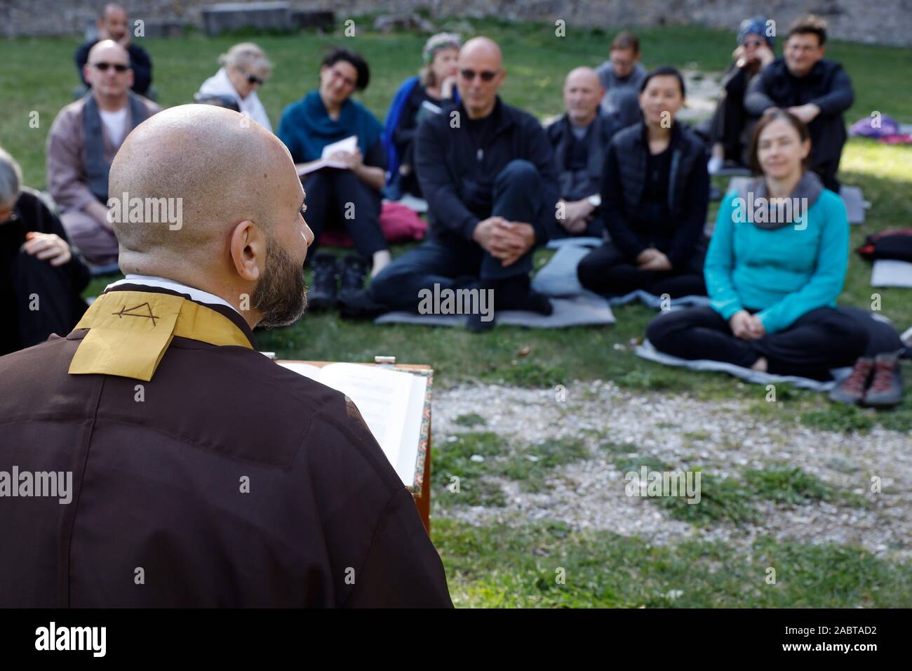 Zen sesshin (retreat) in Tamie, France. Master giving a kusen (teaching ...