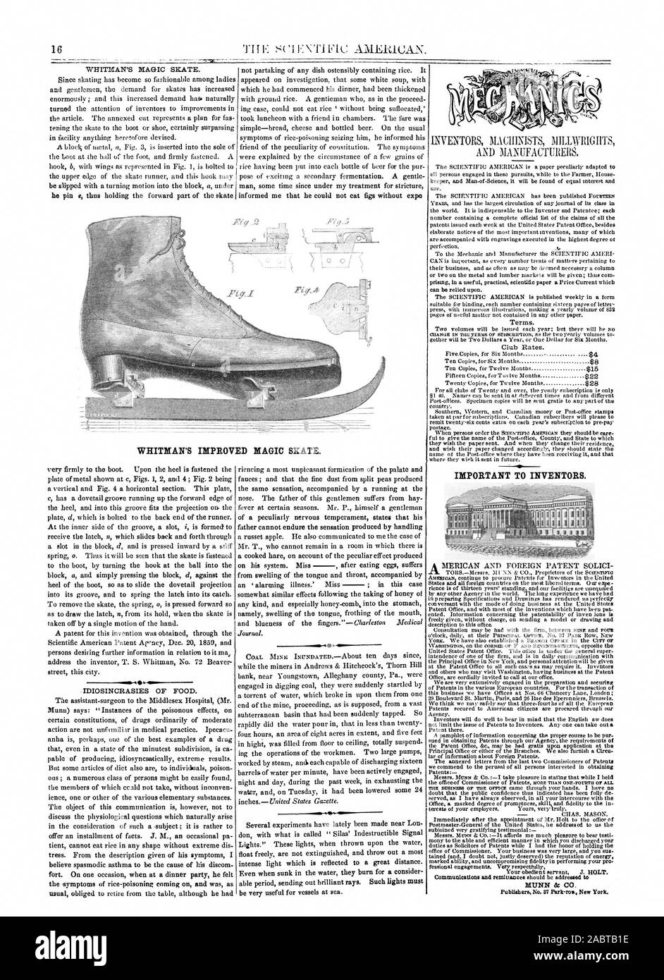 WHITMAN'S IMPROVED MAGIC SKATE. IMPORTANT TO INVENTORS. MUNN & CO ...