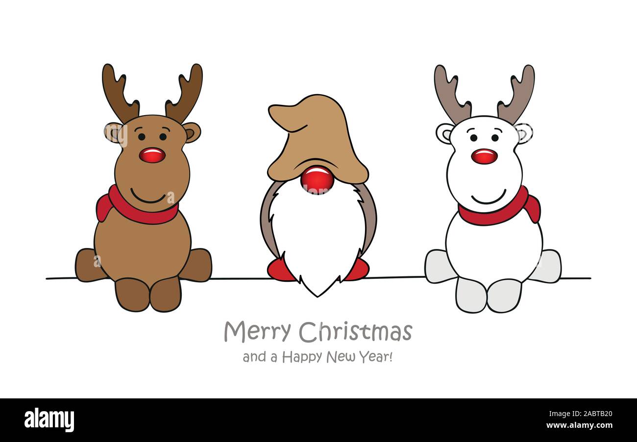 merry christmas greeting card with cute dwarf and deer vector ...