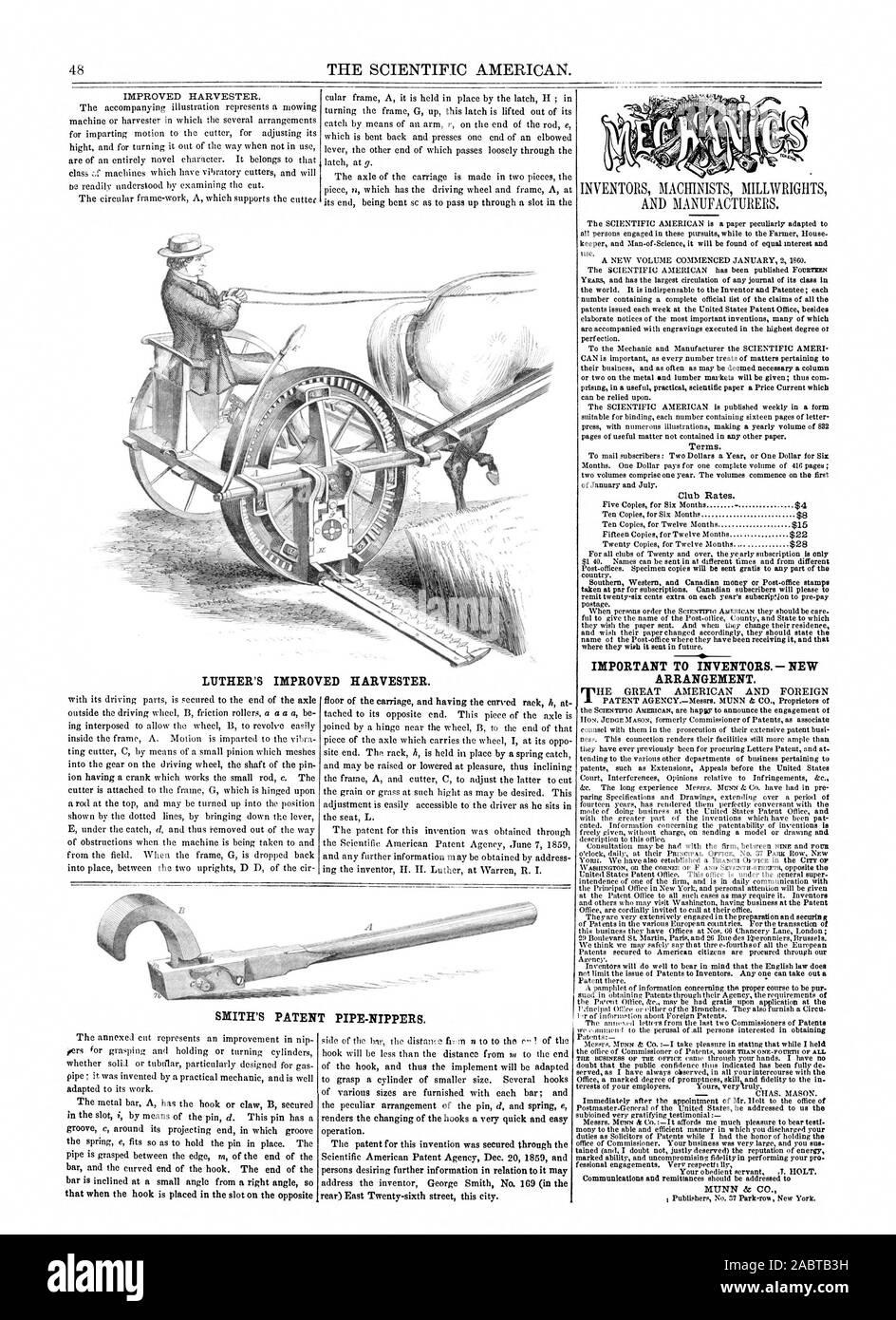 IMPORTANT TO INVENTORS. NEW ARRANGEMENT. LUTHER'S IMPROVED HARVESTER ...