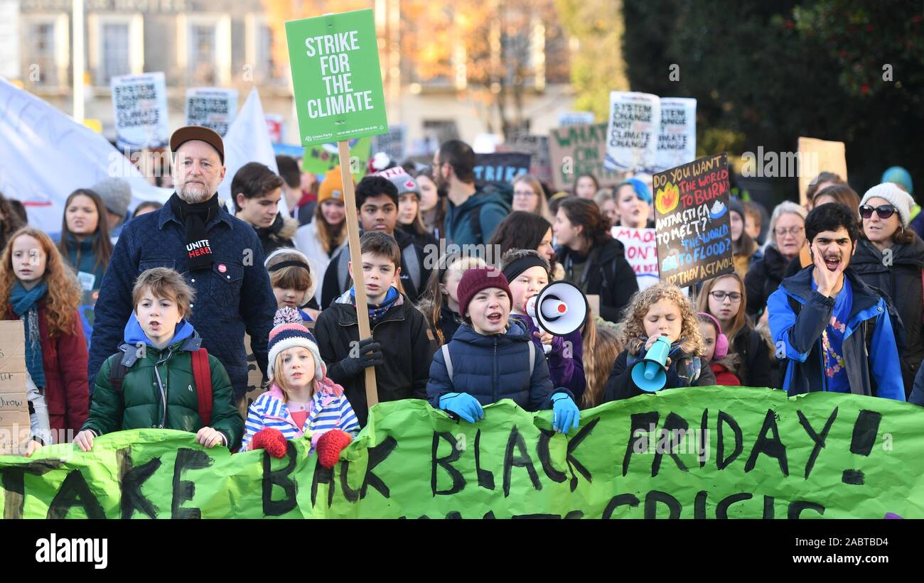 Singer and activist, Billy Bragg, alongside children during the climate ...