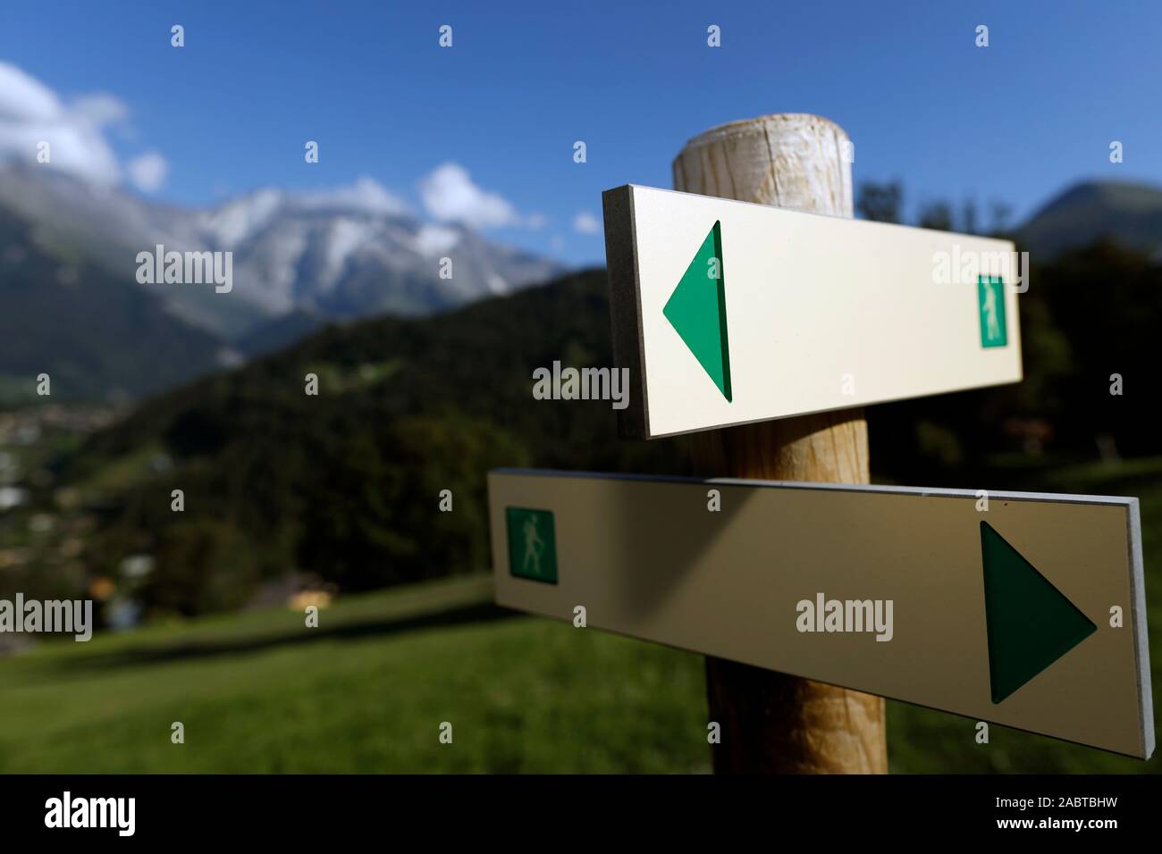French Alps. Mont-Blanc massif. Walking path signs. Saint-Gervais ...