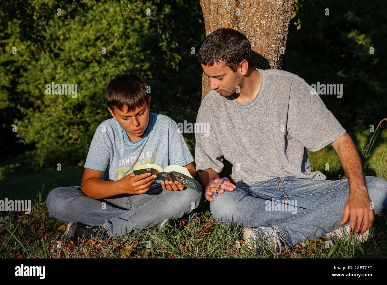 Brothers reading in a garden. Normandy, France Stock Photo - Alamy