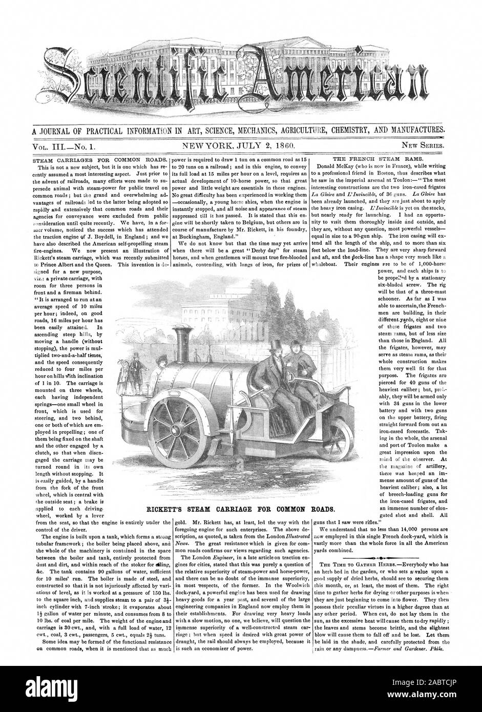 NEW YORK JULY 2 1860. RICKETT'S STEAM CARRIAGE FOR COMMON ROADS ...