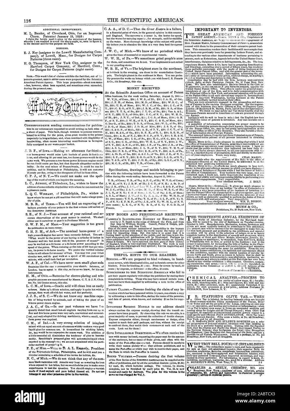 IMPORTANT TO INVENTORS., scientific american, 1860-08-18 Stock Photo ...