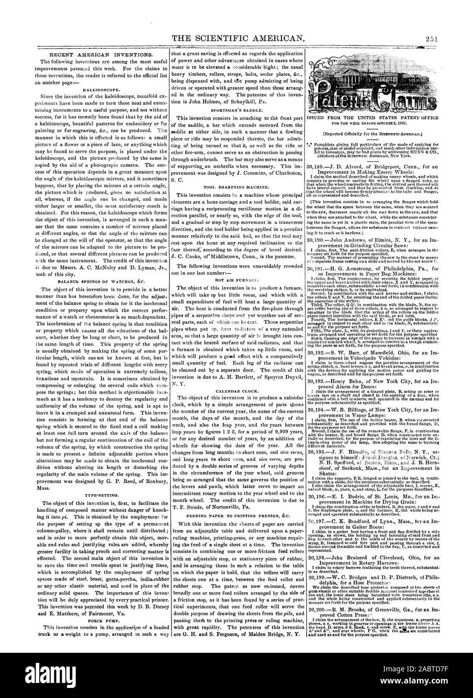RECENT AMERICAN INVENTIONS., scientific american, 1860-10-13 Stock ...