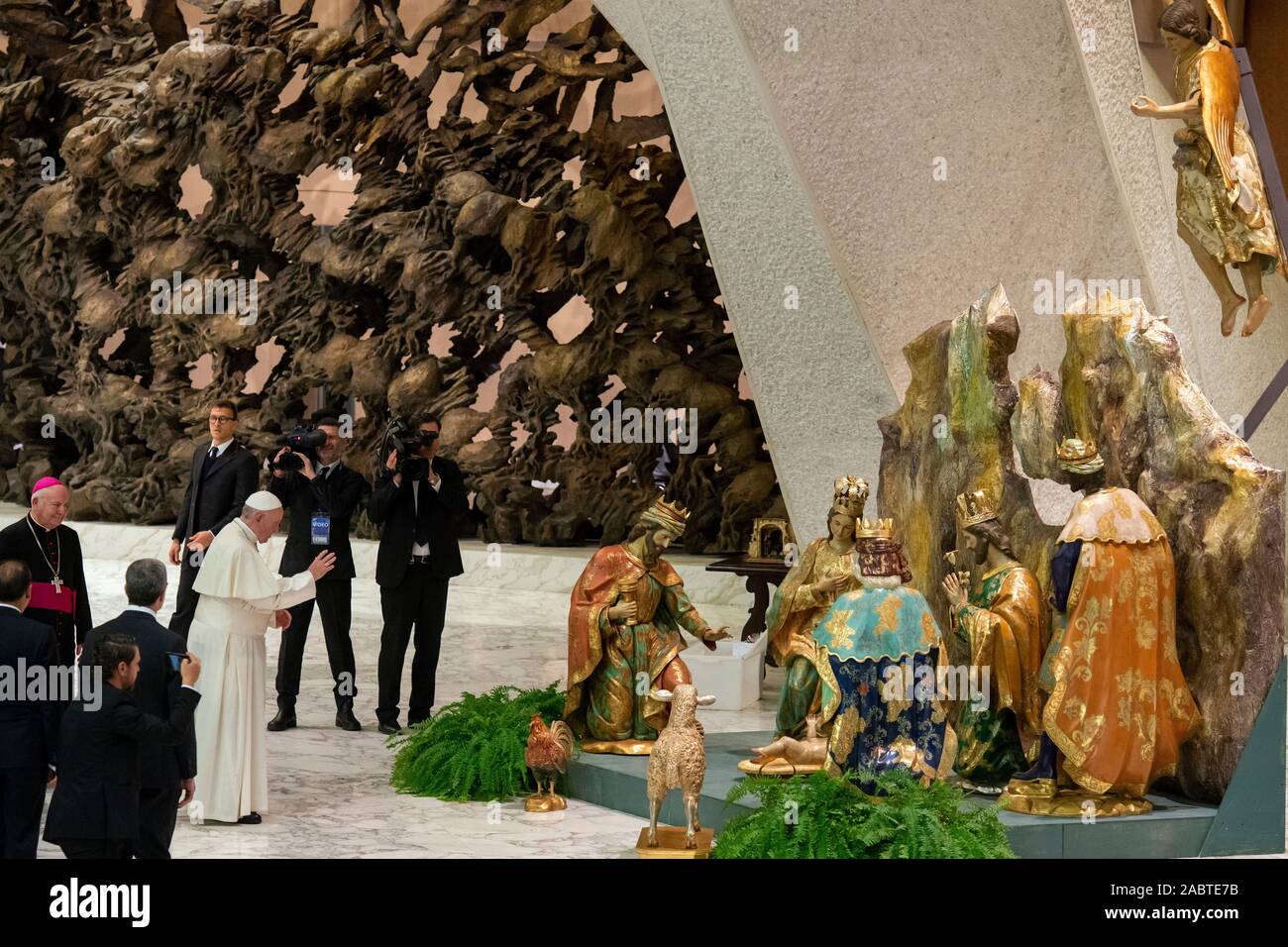Pope Francis blesses the Nativity Scene at the end of his weekly ...