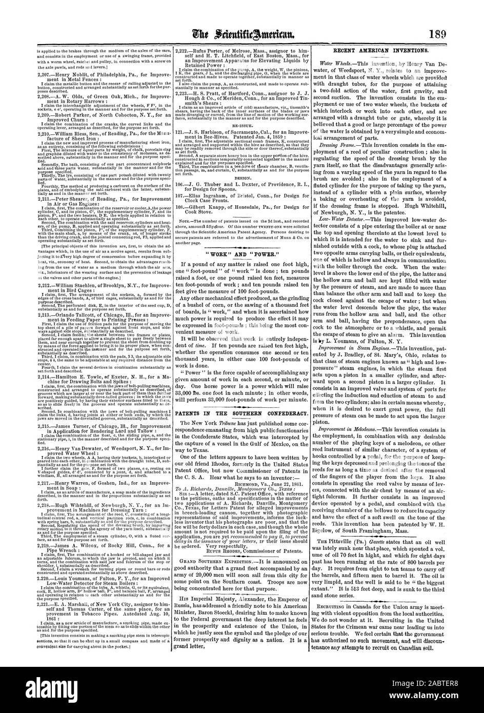 WORK ' AND 'POWER.' PATENTS IN THE SOUTHERN CONFEDERACY. RECENT ...