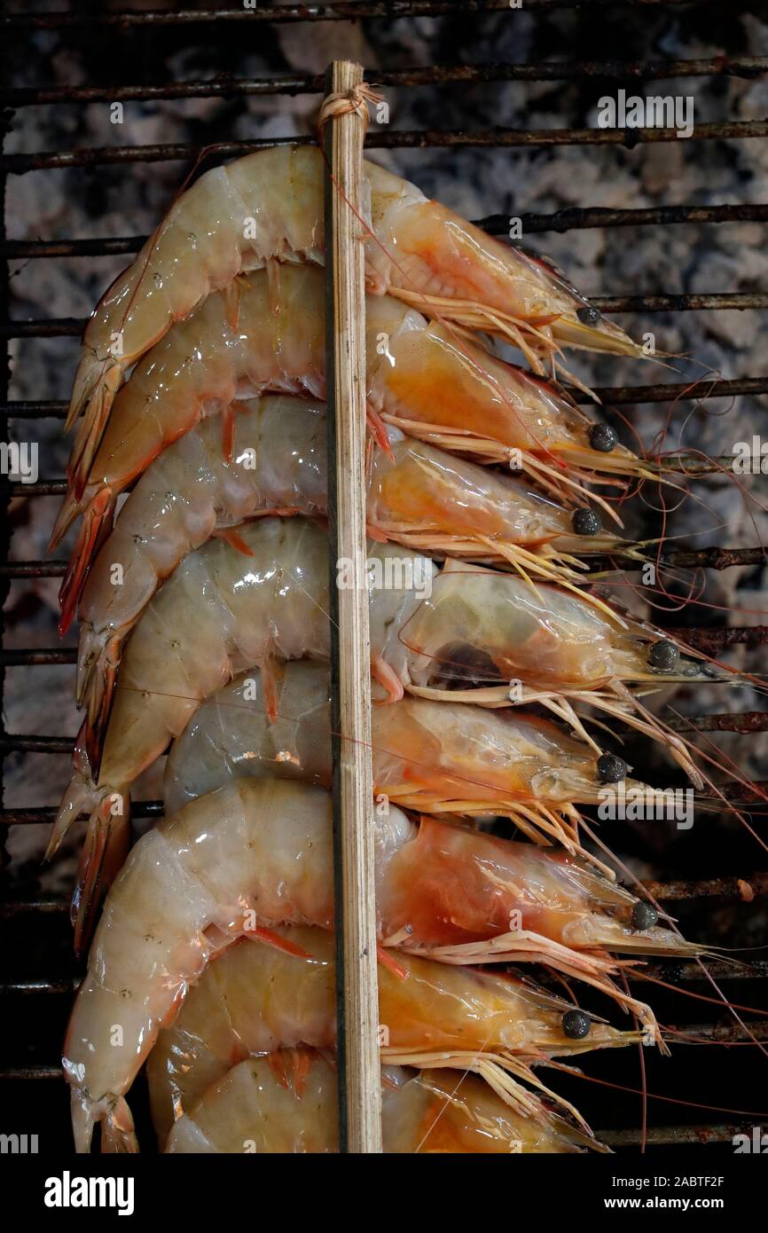 Food stall at Kep crab market. Grilled gambas. Kep. Cambodia Stock ...
