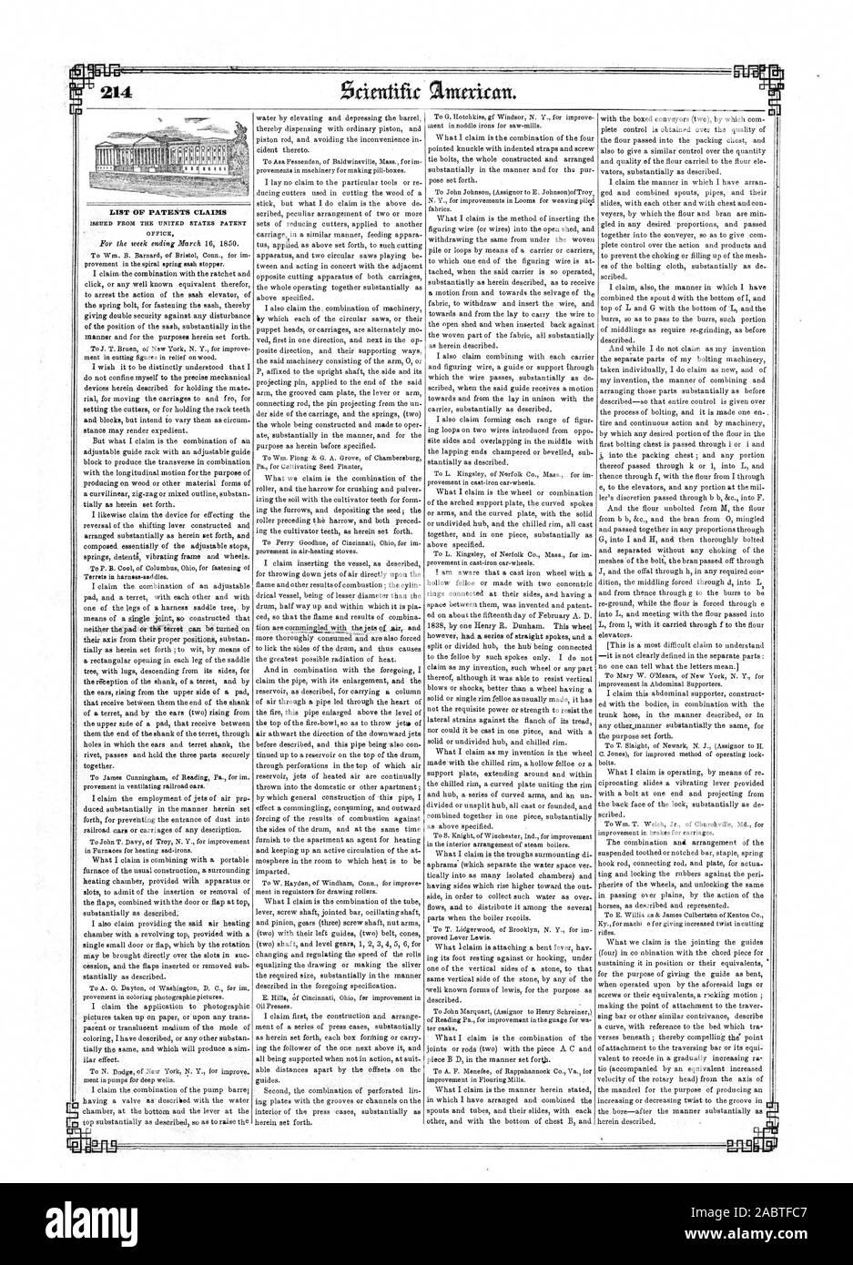 LIST OF PATENTS CLAIMS, scientific american, 1850-03-23 Stock Photo - Alamy