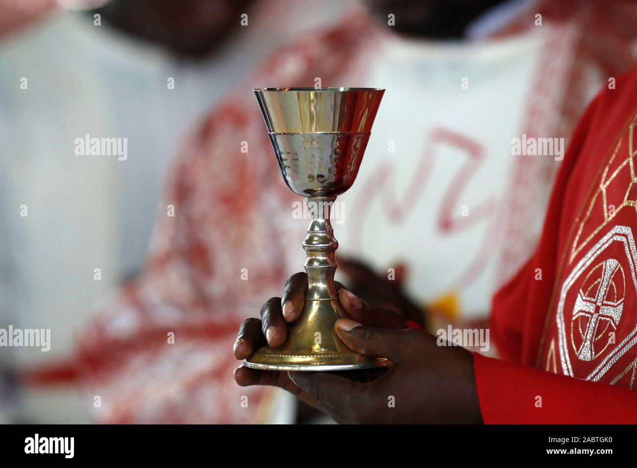 African church. Sunday catholic mass. Eucharist celebration. Agbonou ...