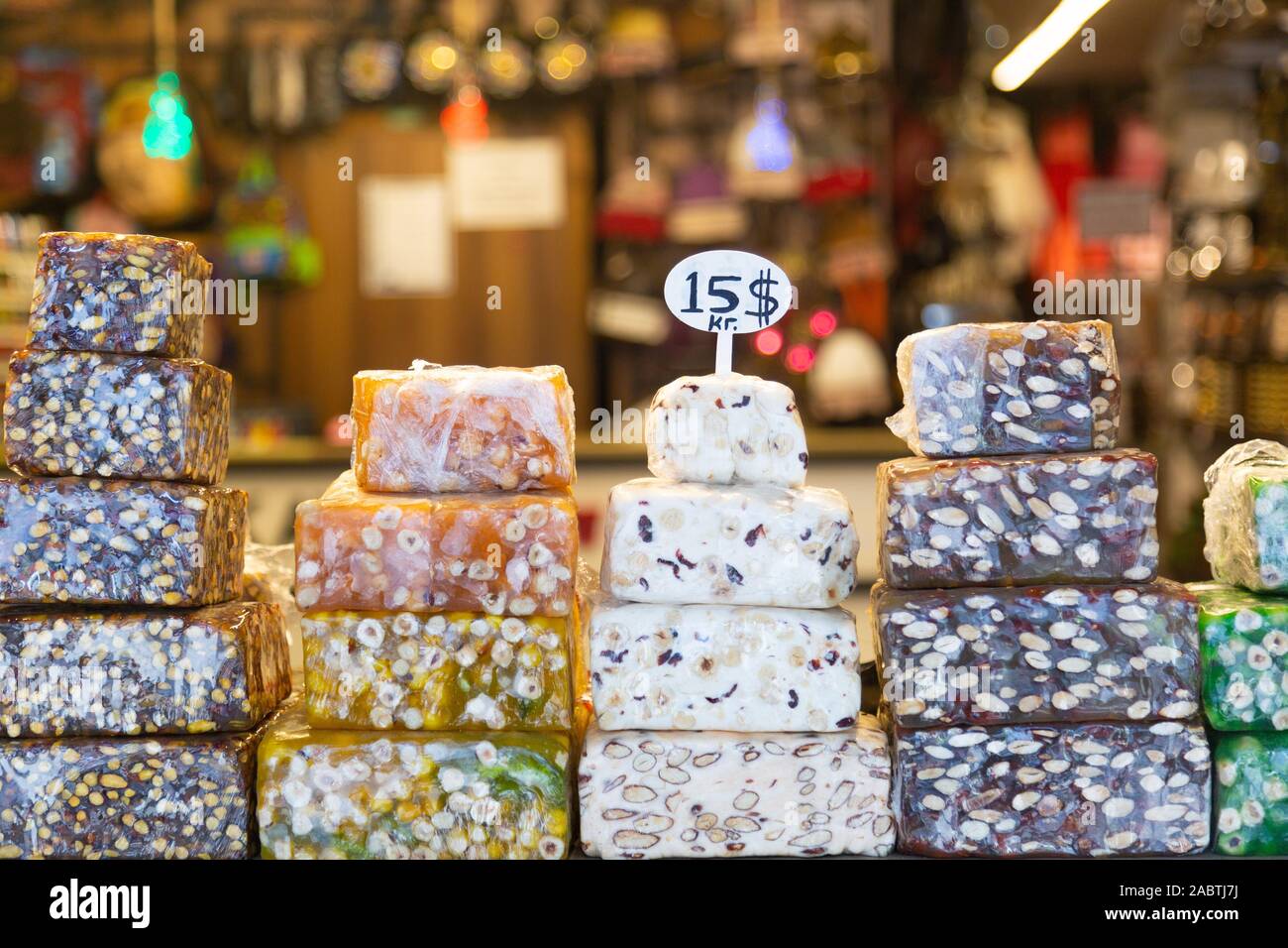 Turkish sweets delight and others in shop window Stock Photo - Alamy