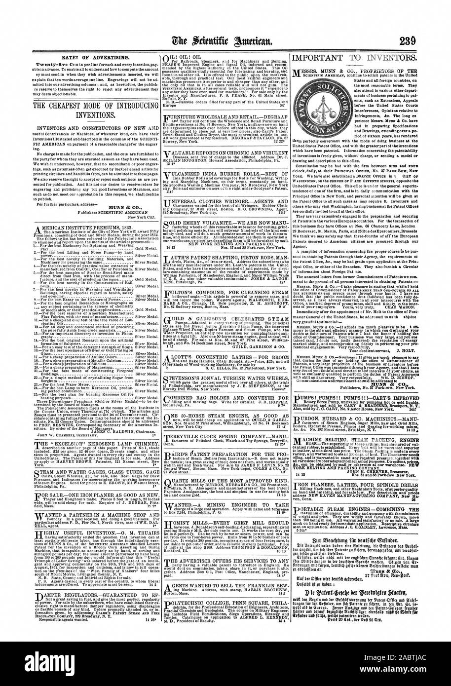 RATES OF ADVERTISING., scientific american, 1862-10-11 Stock Photo - Alamy