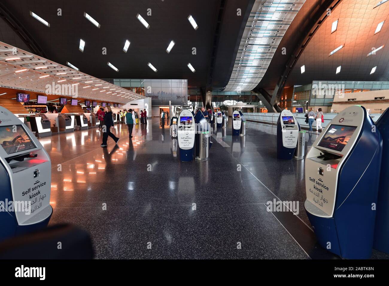 Doha, Qatar - Nov 24. 2019. Smart check-in Departure Area of a Hamad ...