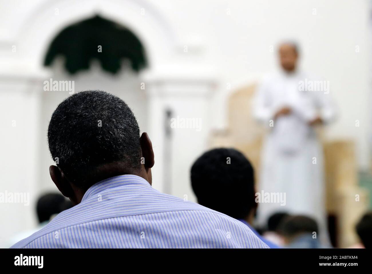 The friday prayer (jummah). Imam giving the sermon ( Khutbah). Masjid ...
