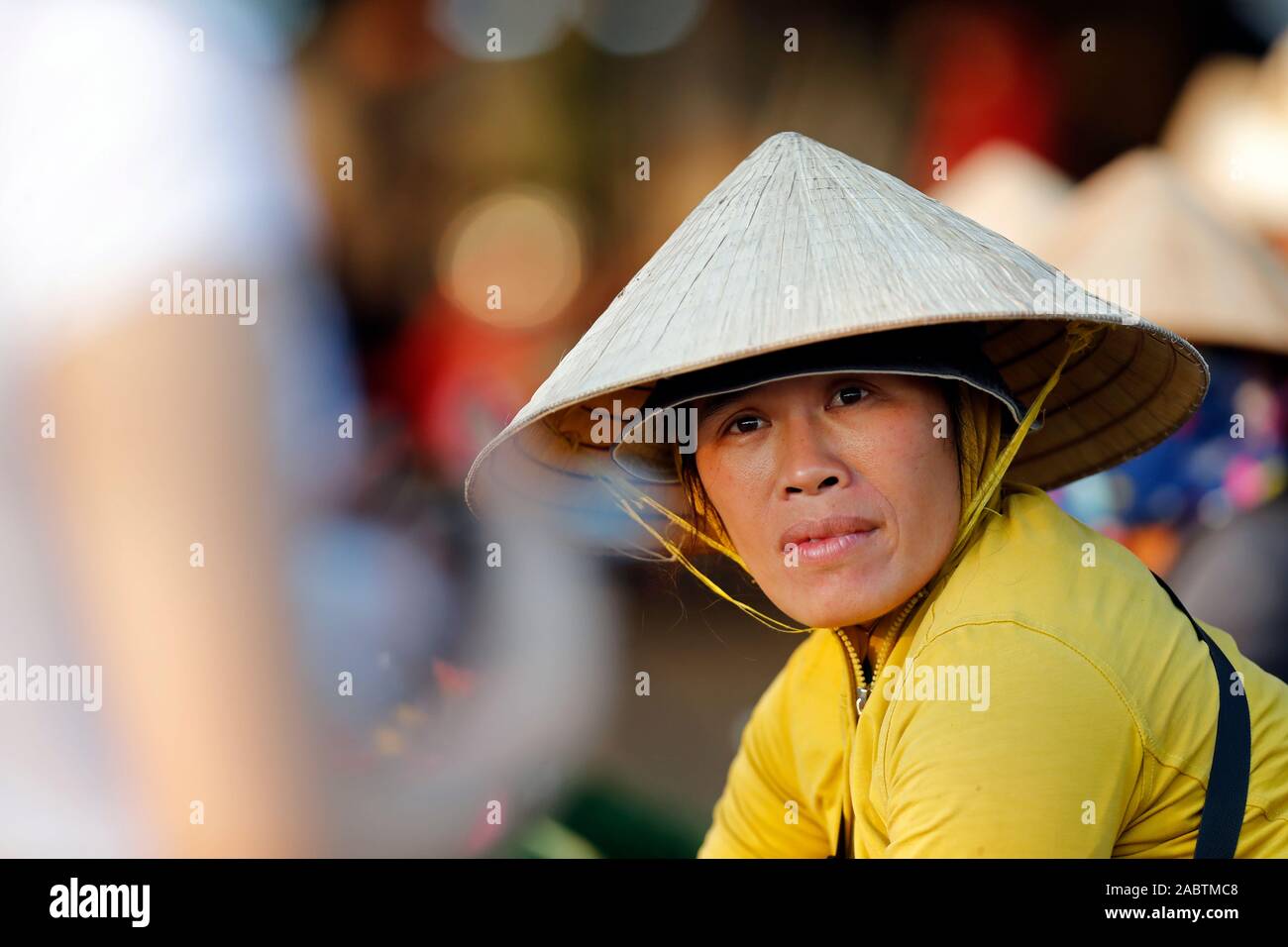 Vietnamese woman wearing the tradional palm leaf conical hat. Portrait ...