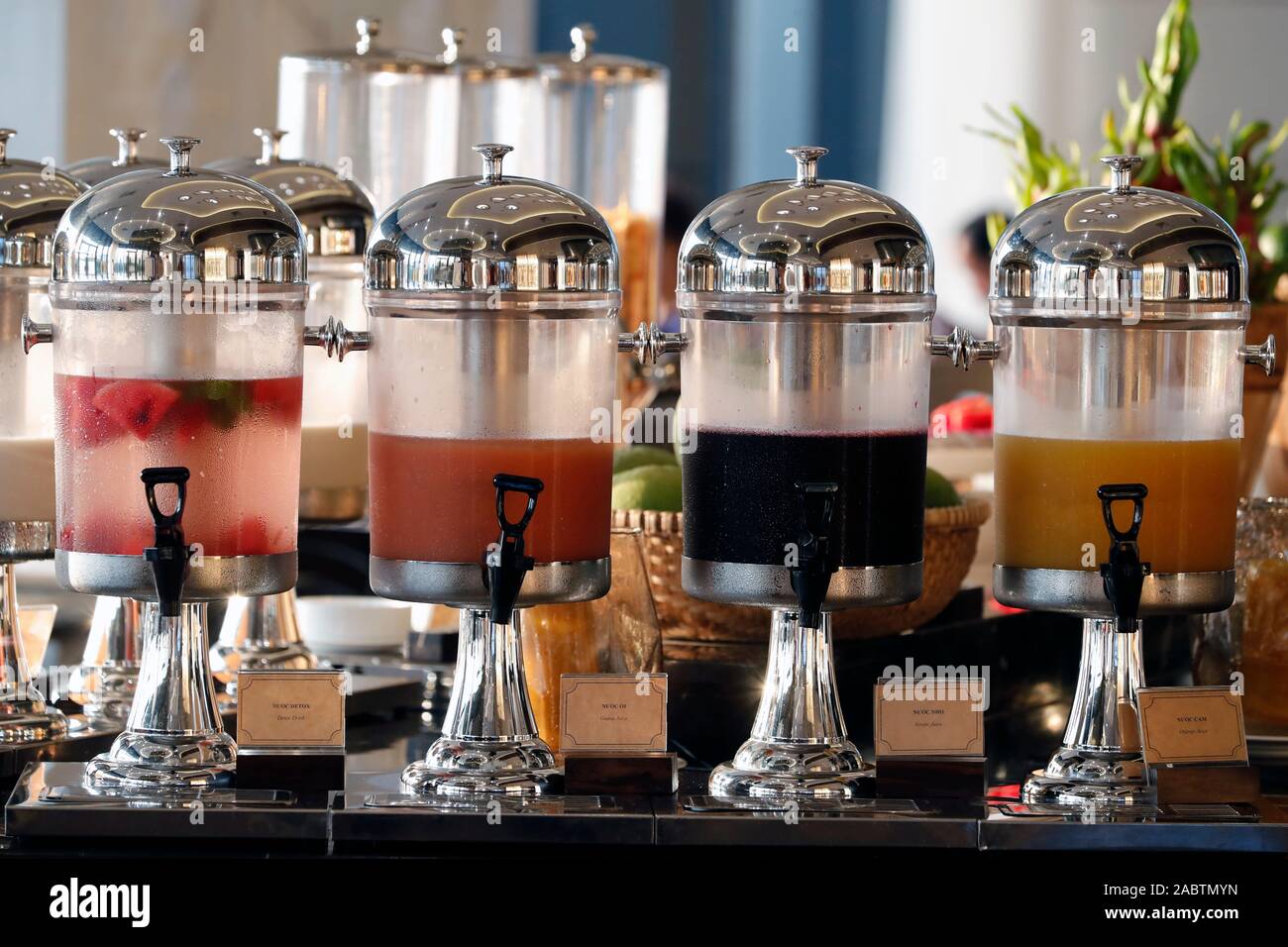 Breakfast buffet. Selection of fresh juice. Hue. Vietnam Stock Photo ...