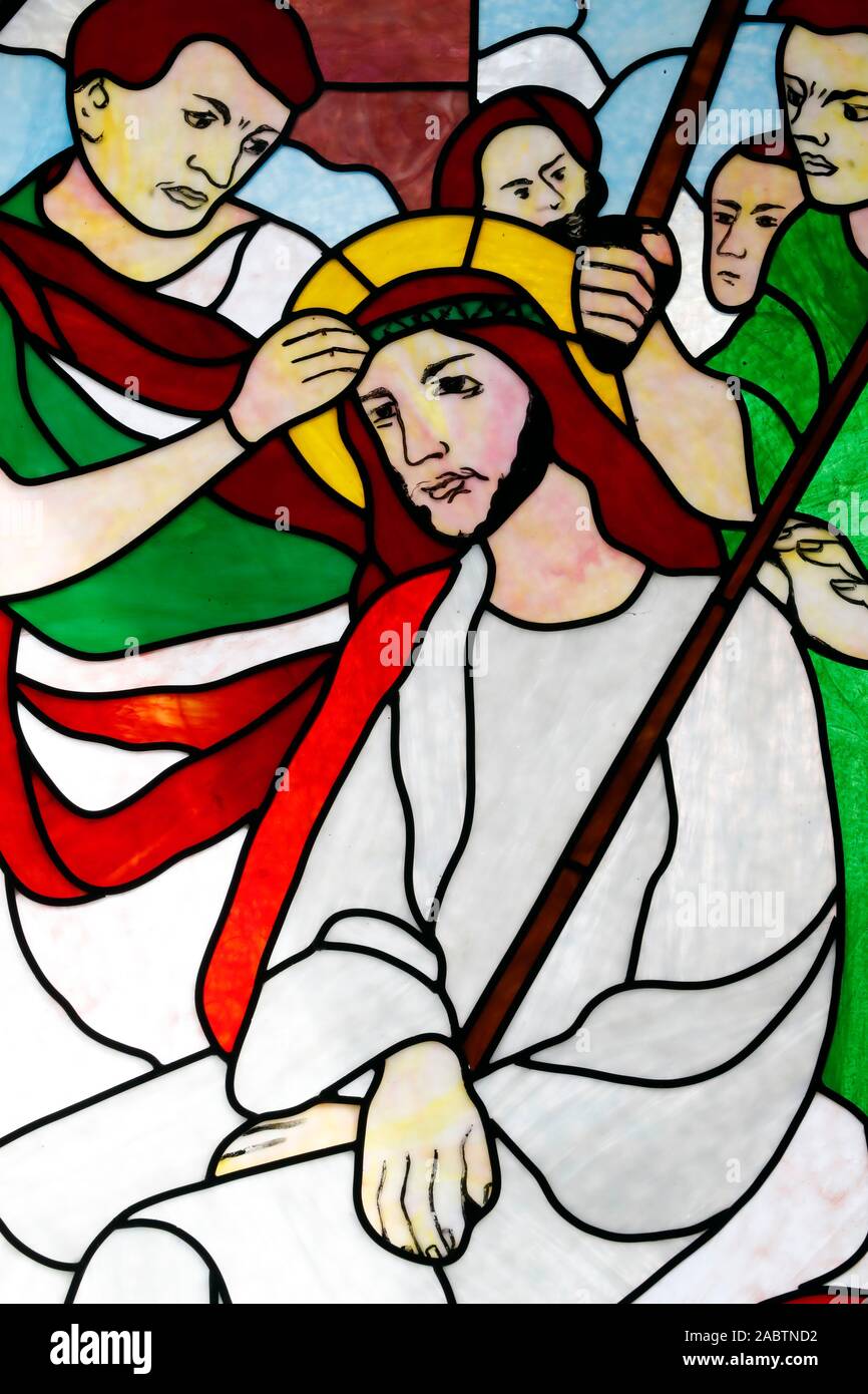 Holy Rosary church. Stained glass window. Passion of Christ. Crown of ...