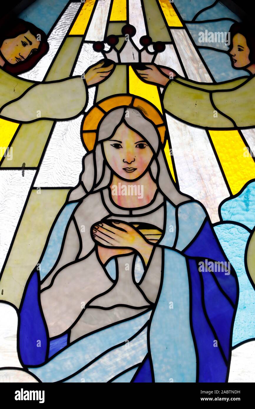 Holy Rosary church. Stained glass window. The Coronation of the Virgin ...
