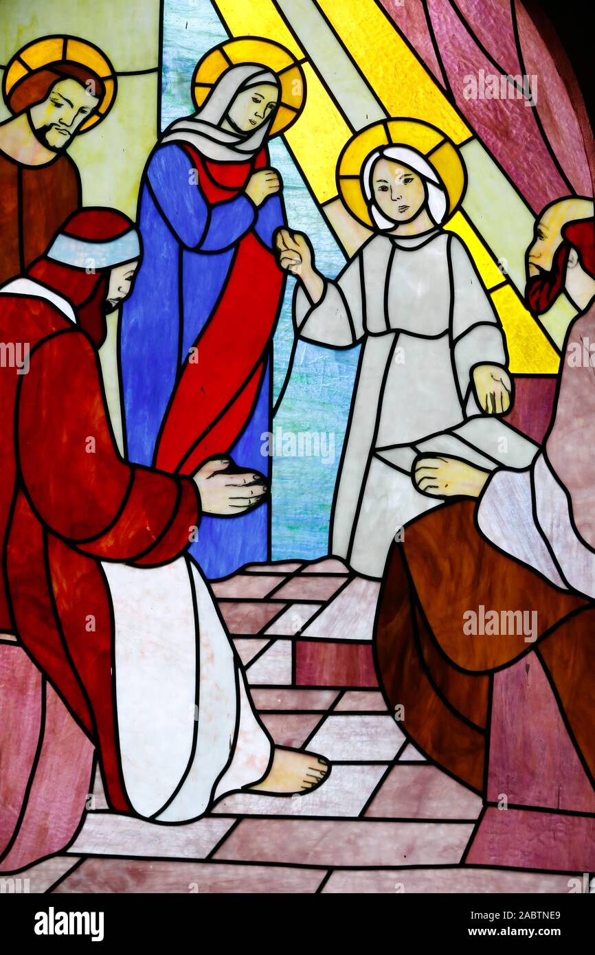 Holy Rosary church. Stained glass window. Jesus and the doctors of the ...