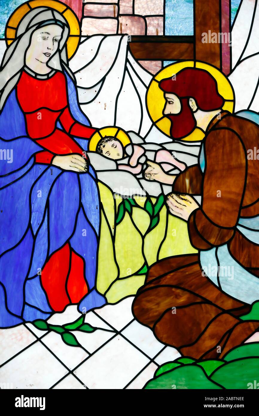 Holy Rosary church. Stained glass window. The nativity. Sapa. Vietnam ...