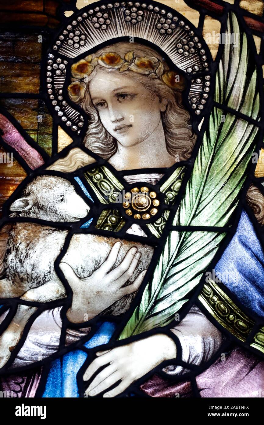 Cua Bac catholic church. Stained glass window. Agnes of Rome is a ...