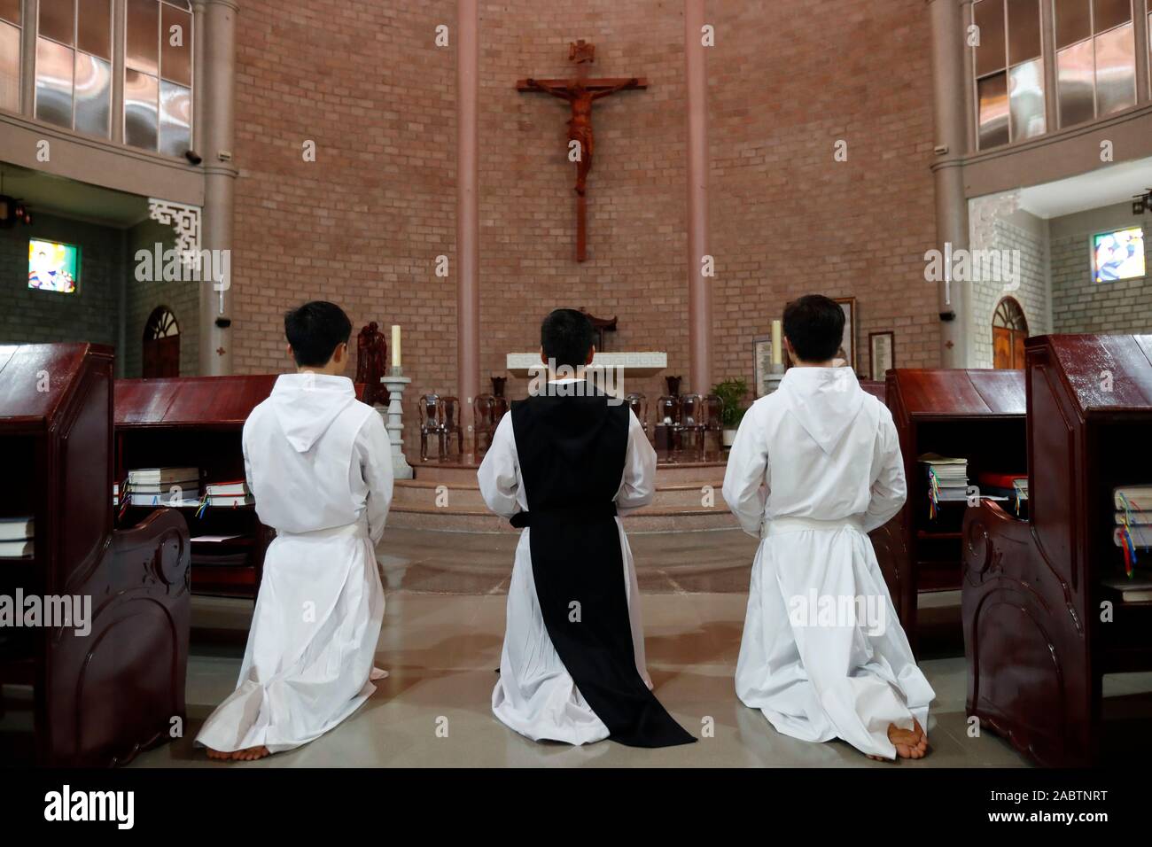 Cistercian Abbey. Our Lady of My Ca. Monks praying in the church ...