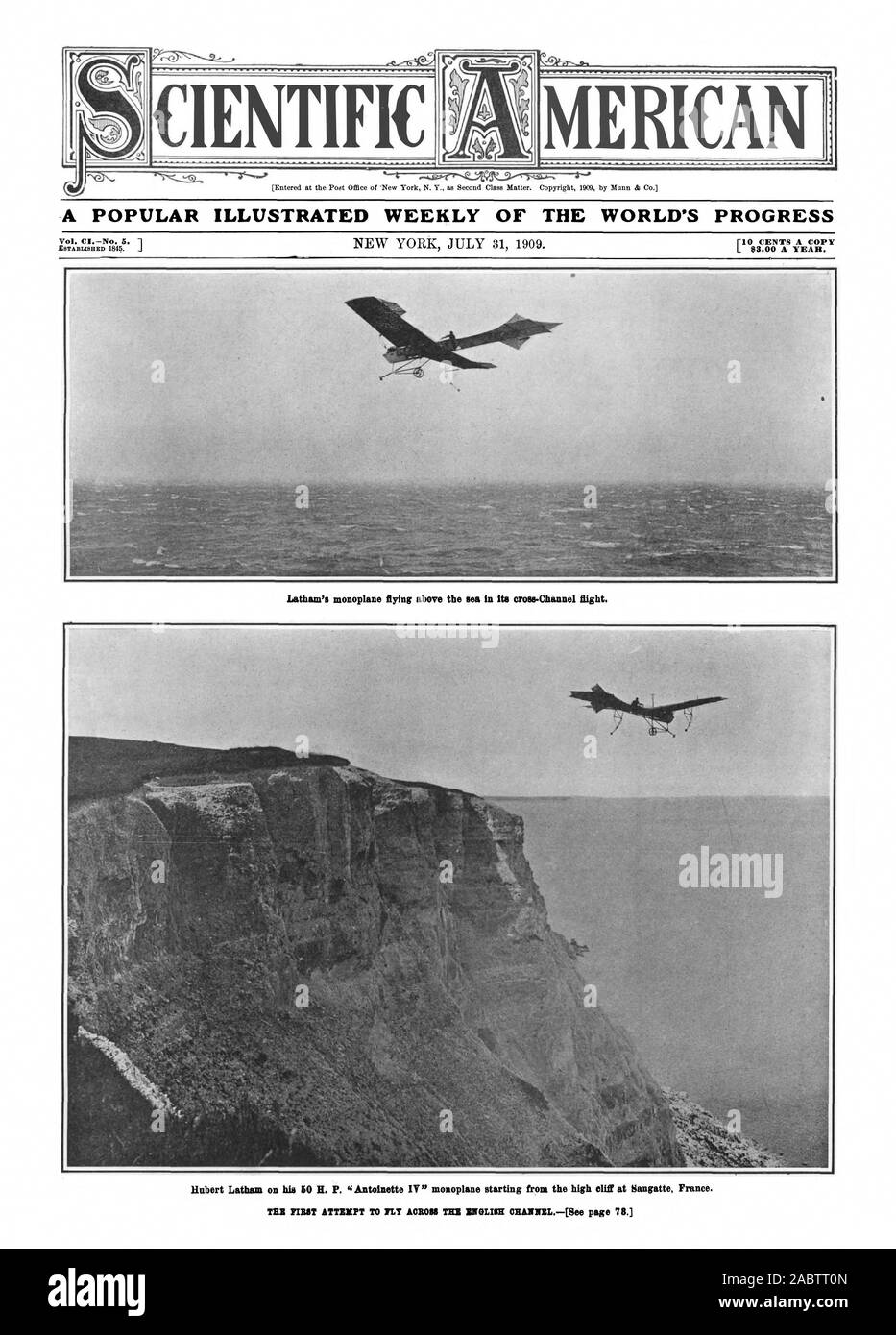 Latham's monoplane flying above the sea in its cross-Channel flight ...
