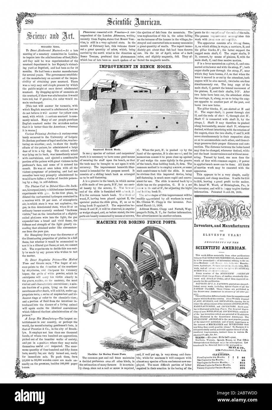 IMPROVEMENT IN BENCH HOOKS. MACHINE FOR BORING FENCE POSTS., scientific ...