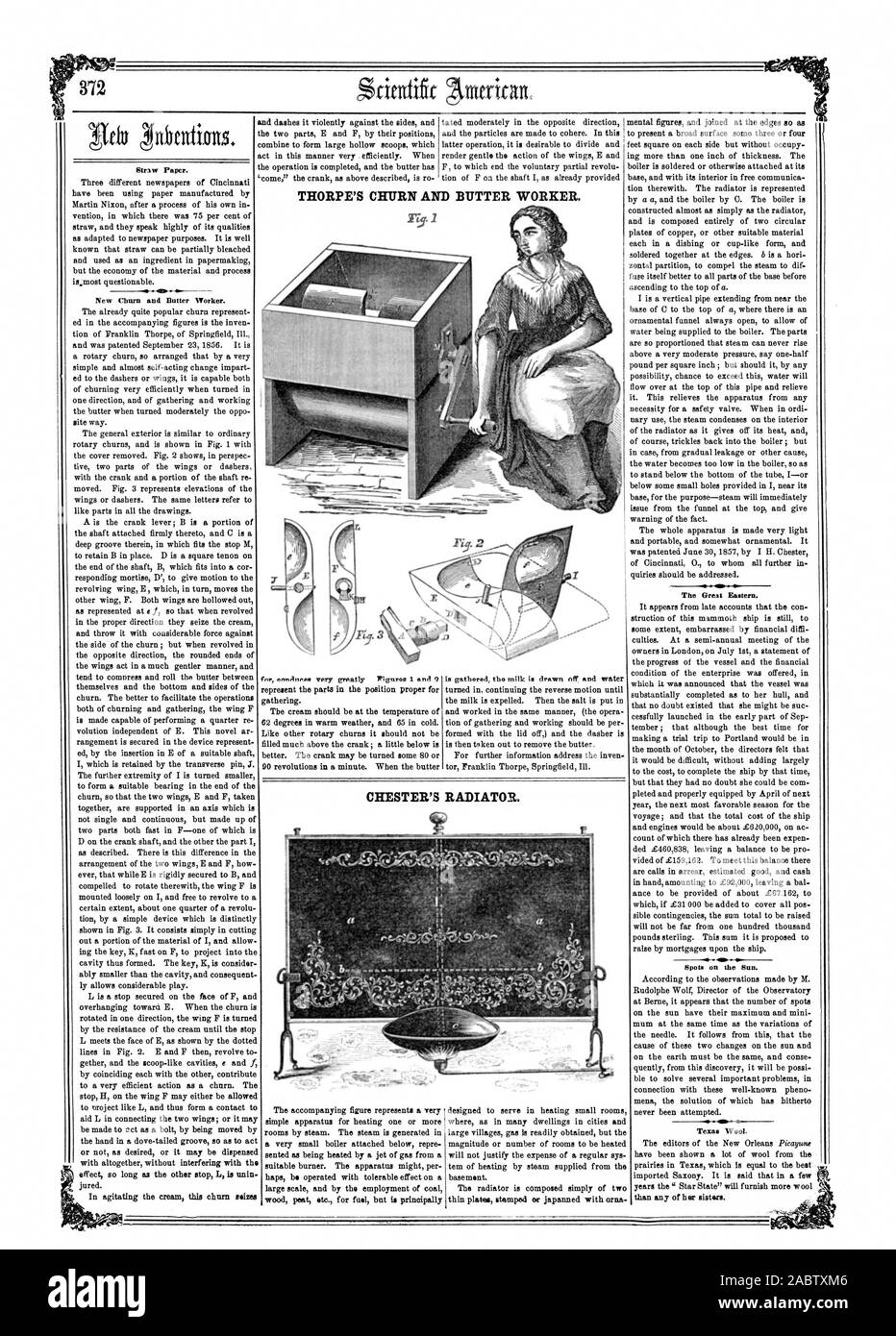 BUTTER WORKER. CHESTER'S RADIATOR. THORPE'S CHURN AND The Great Eastern ...