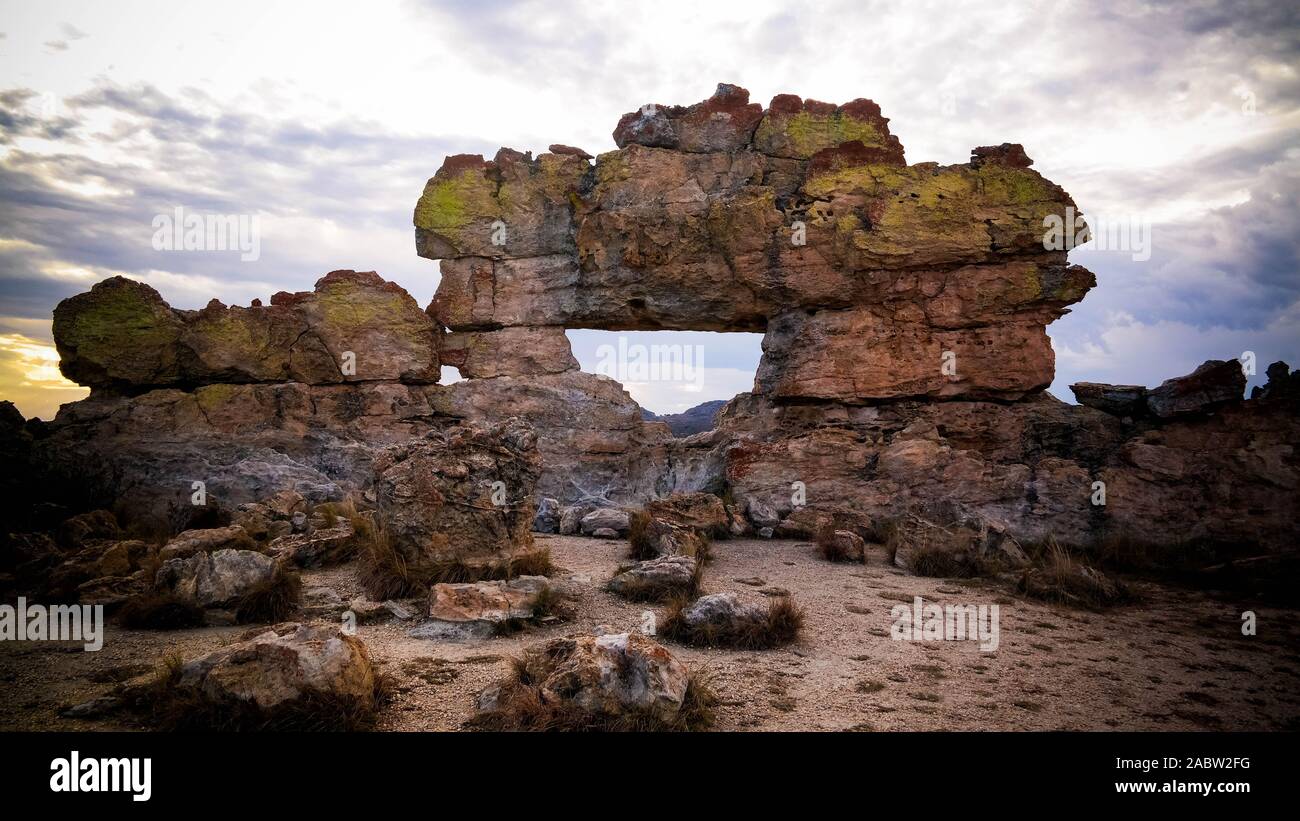 Abstract Rock formation aka window at Isalo national park at sunset in ...