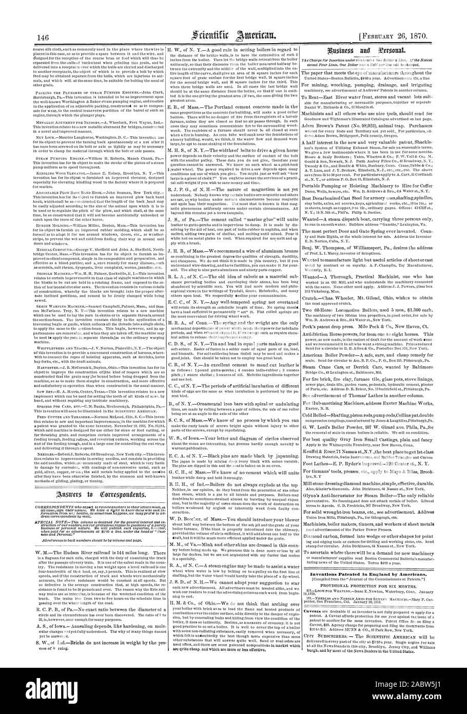 Inventions Patented in England by Americans., scientific american, 1870 ...