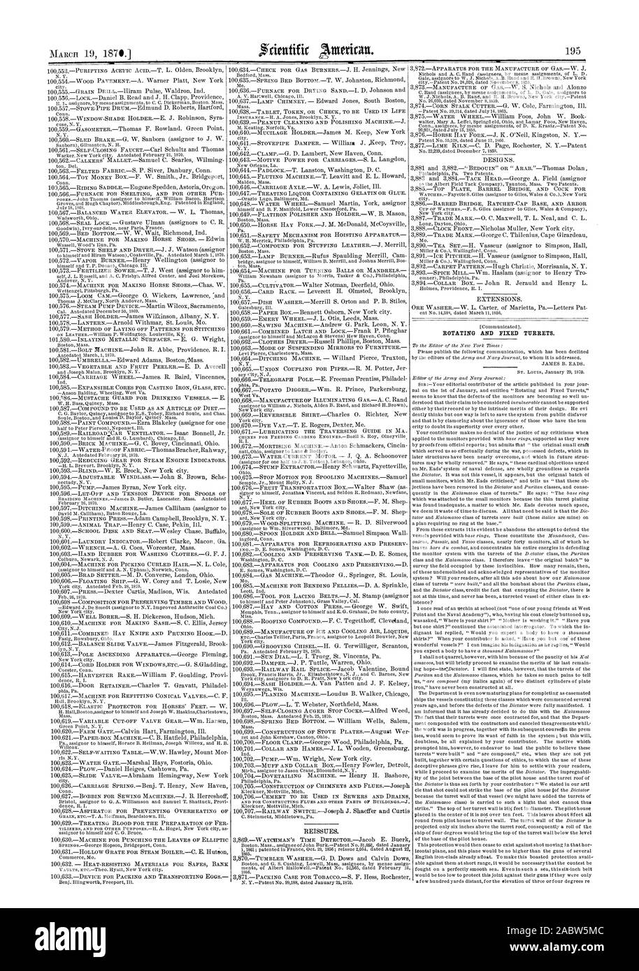 ROTATING AND FIXED TURRETS., scientific american, 1870-03-19 Stock ...