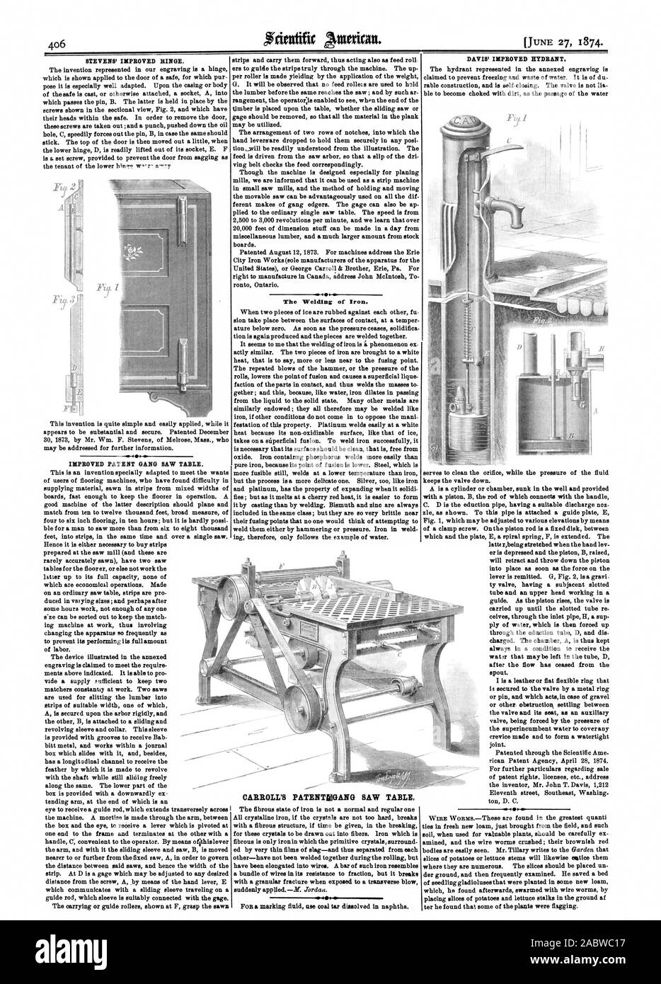 STEVENS' IMPROVED HINGE. IMPROVED PATENT GANG SAW TABLE. The Welding of ...