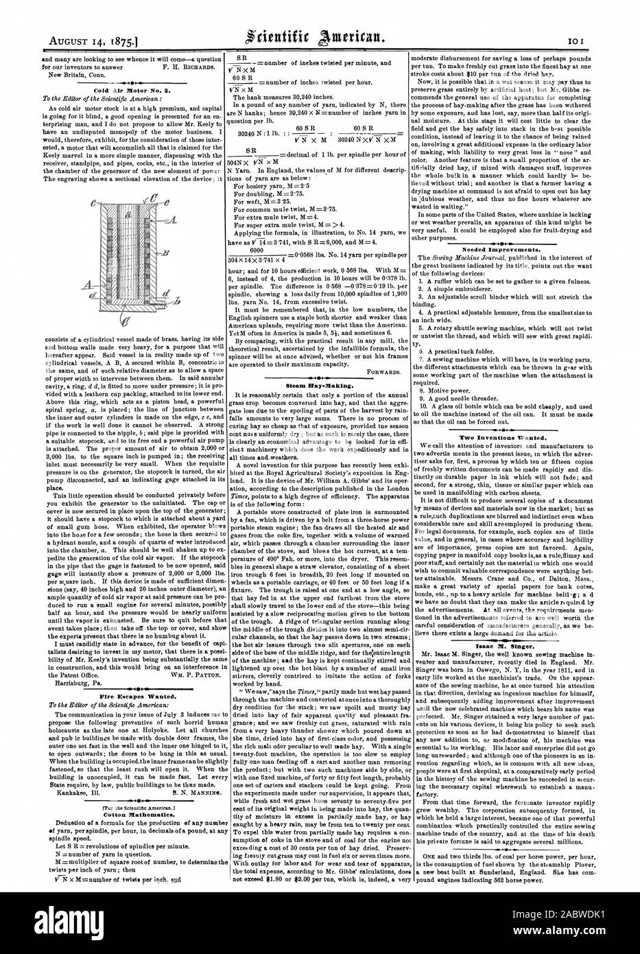 Cold Air Motor No. 2. Needed Improvements. Two Inventions Wanted. Isaac ...
