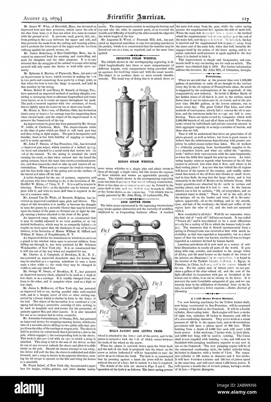 IMPROVED STEAM WHISTLE. EINIG'S STEAM WHISTLE. LOCK LETTER PRESS. HILL ...