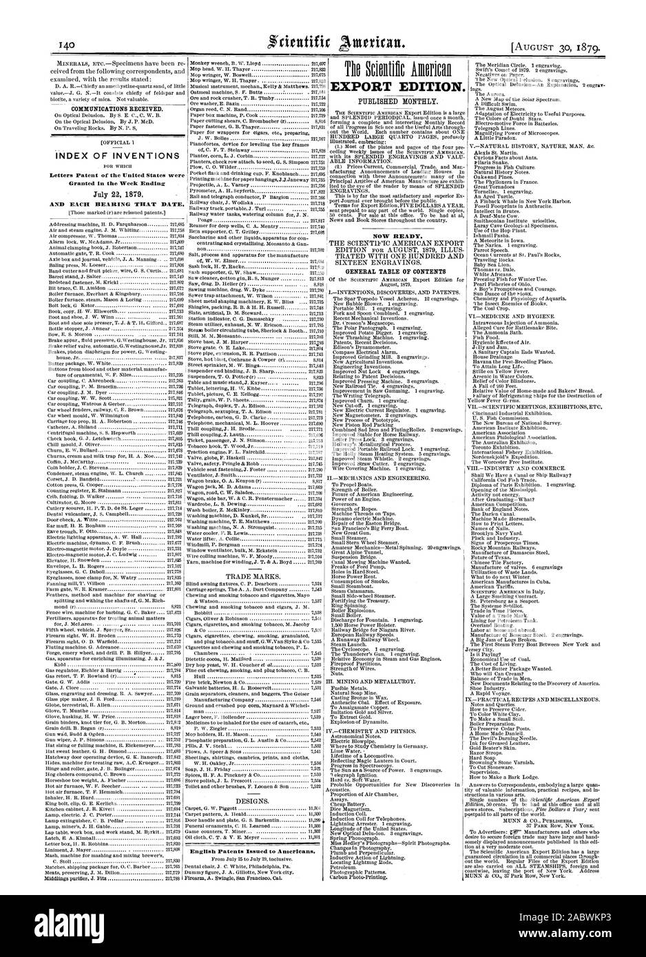 EXPORT EDITION. INDEX OF INVENTIONS Letters Patent of the United States ...