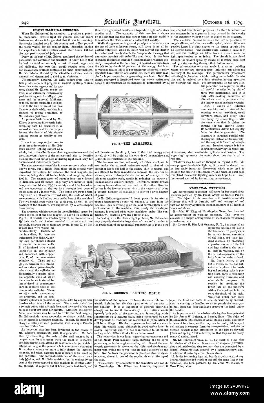 EDISON'S ELECTRICAL GENERATOR MECHANICAL INVENTIONS. C) 1879 SCIENTIFIC ...