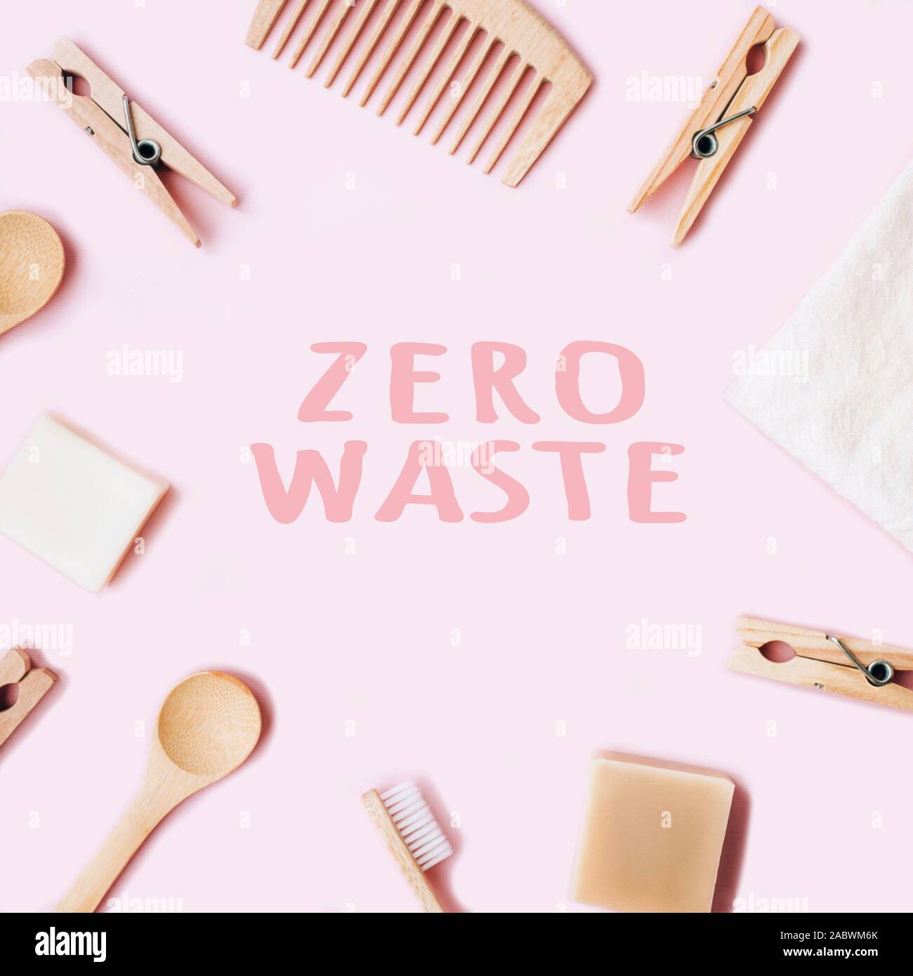 Zero waste set for bathing on light pink background. Flat lay style ...
