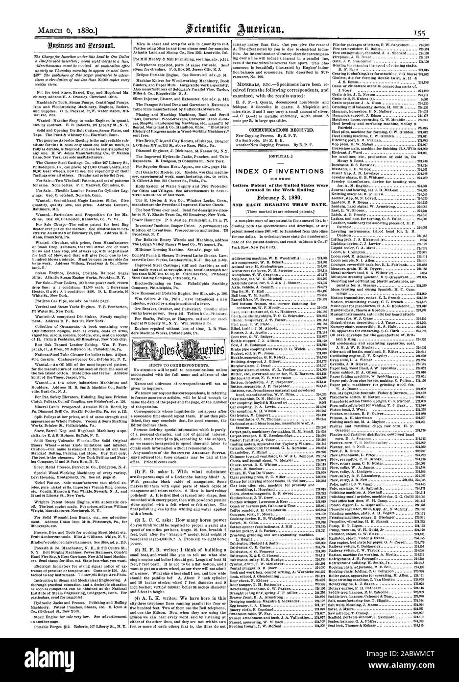 COMMUNICATIONS RECEIVED. INDEX OF INVENTIONS Letters Patent of the ...
